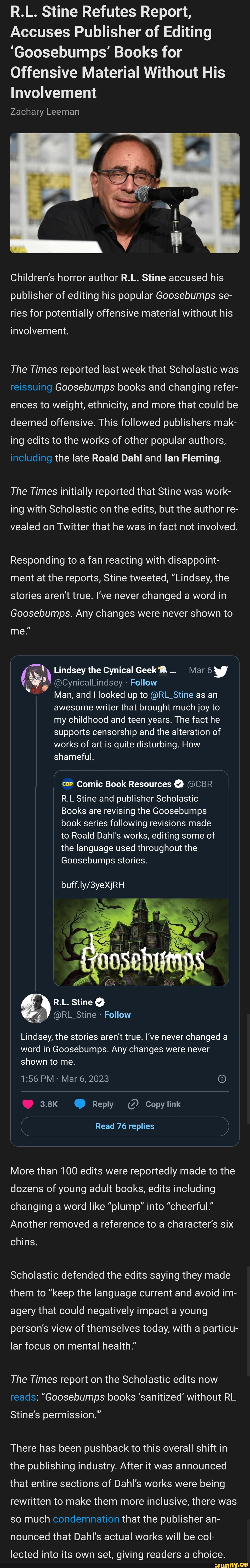 R.L. Stine Refutes Report, Accuses Publisher of Editing 'Goosebumps ...