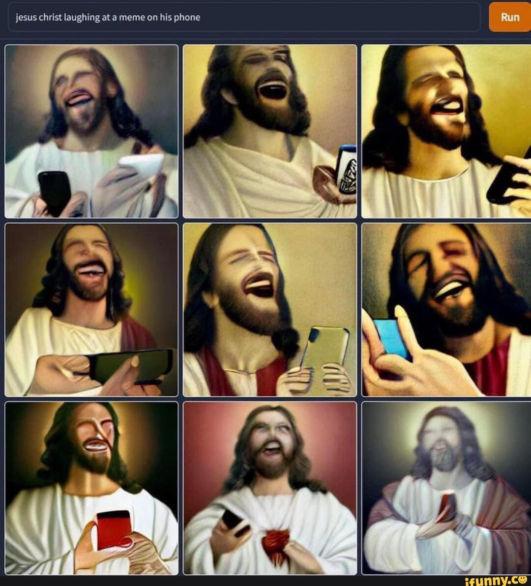 Jesus christ laughing at a meme on his phone Run - iFunny