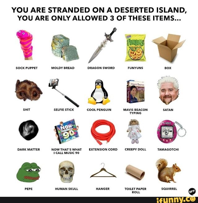 YOU ARE STRANDED ON A DESERTED ISLAND, YOU ARE ONLY ALLOWED 3 OF THESE ...