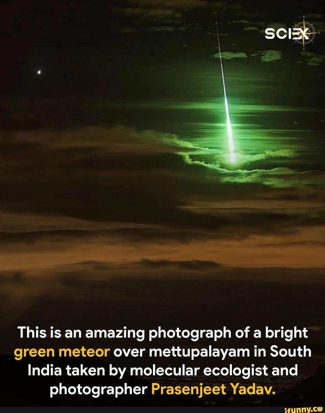 This is an amazing photograph of a bright green meteor over ...