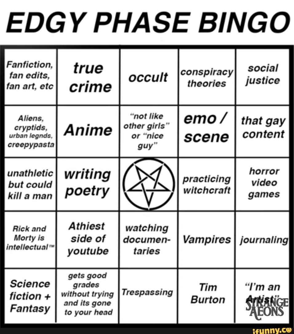 EDGY PHASE BINGO Fanfiction, fan edits, fan art, ete Aliens, urban ...
