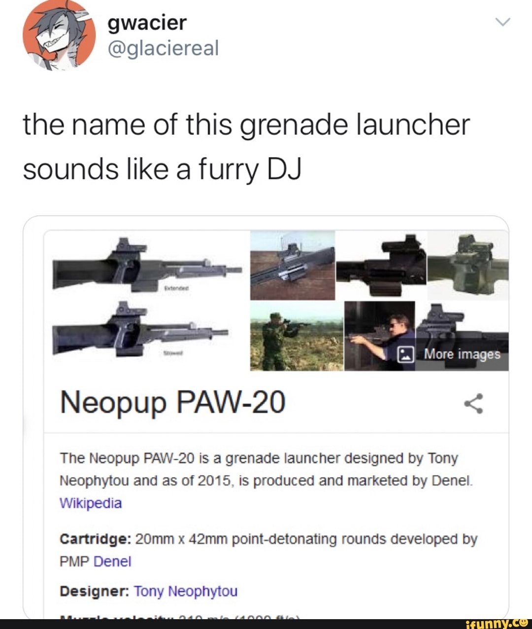The name of this grenade launcher sounds like a furry DJ Neopup PAW-20 ...