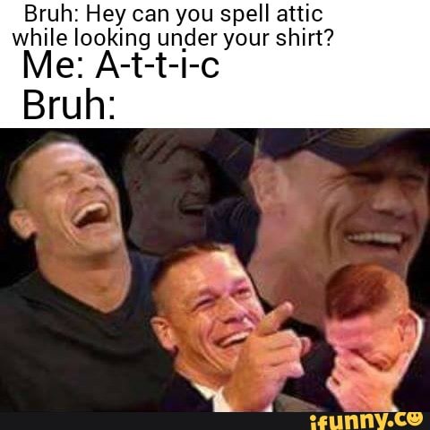 Bruh: Hey can you spell attic while looking under your shirt? Me: A-t-t ...