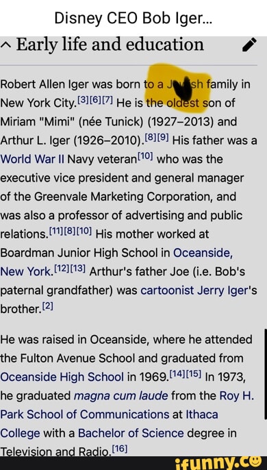 Disney CEO Bob lger... Early life and education Robert Allen Iger was ...