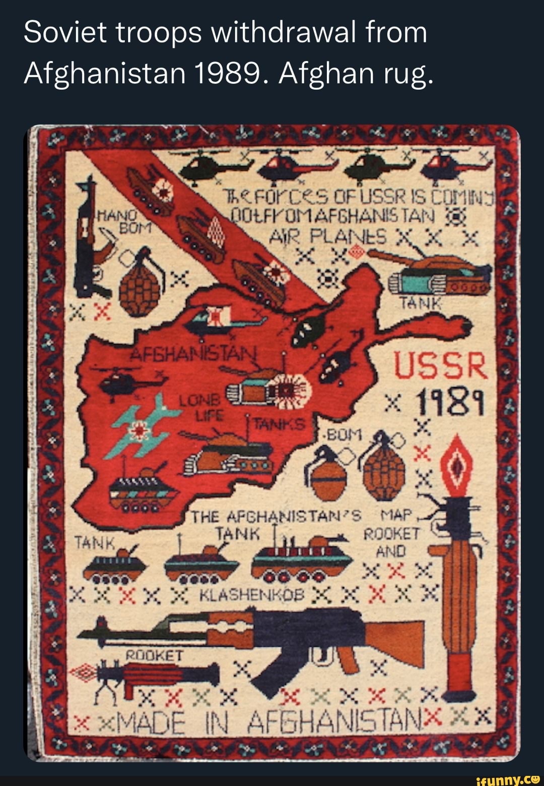 Soviet troops withdrawal from Afghanistan 1989. Afghan rug. FOV CES OF ...