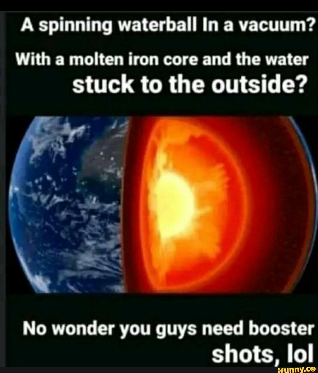 A spinning water In a vacuum? With a molten iron core and the water ...