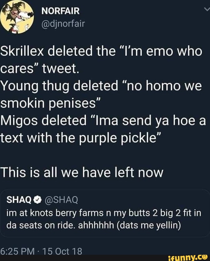NORFAIR Skrillex deleted the "I'm emo who cares" tweet. Young thug ...