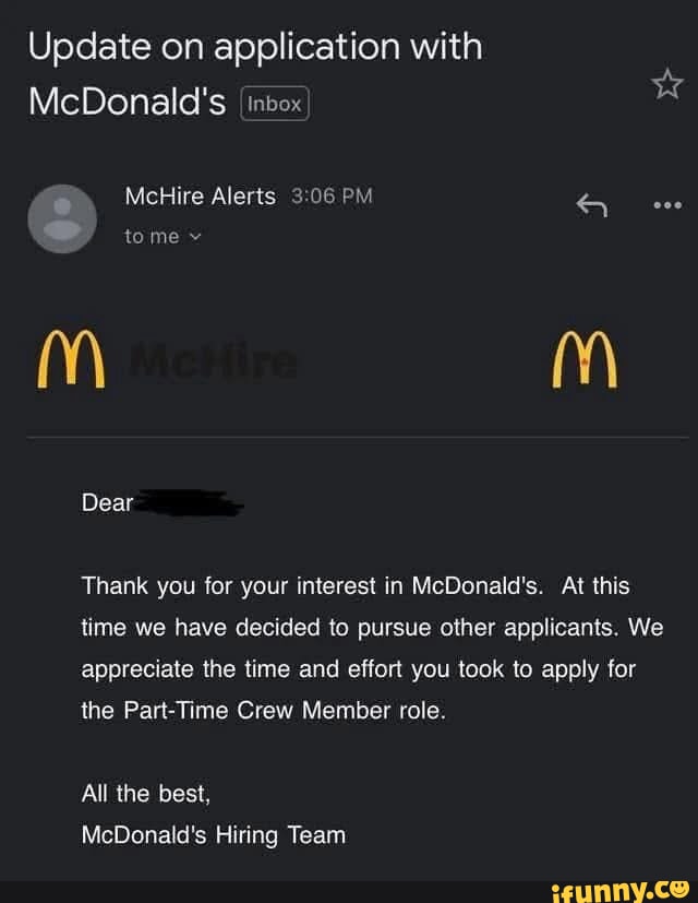 Update on application with McDonald's I inbox McHire Alerts PM me (Y ...