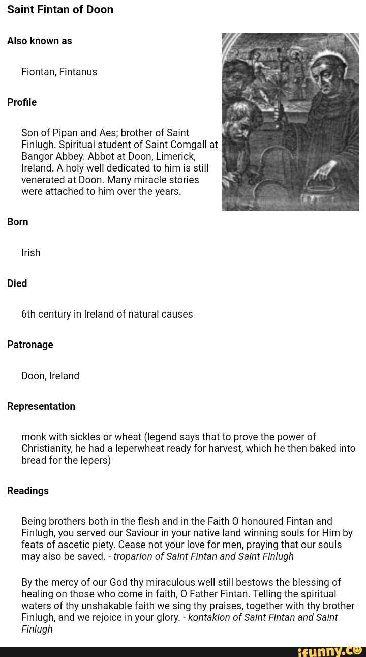 Saint Fintan of Doon Also known as Fiontan, Fintanus Profile Son of ...
