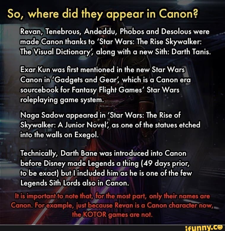 So, where did they appear in Canon? \Revan, Tenebrous, Andeddu, Phobos ...