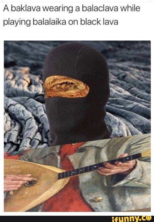 A baklava wearing a balaclava while playing balalaika on black lava ...