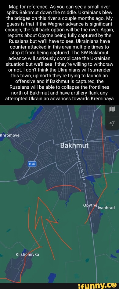 Map for reference. As you can see a small river splits Bakhmut down the ...