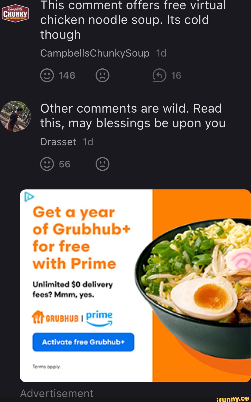 This comment offers free virtual chicken noodle soup. Its cold though ...