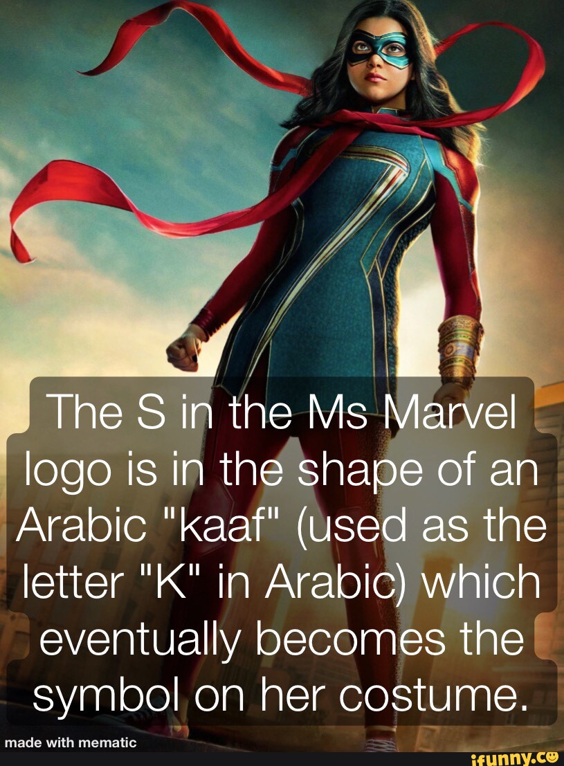 The Sin the Ms Marvel logo is in the shape of an Arabic "kaaf" (used as ...