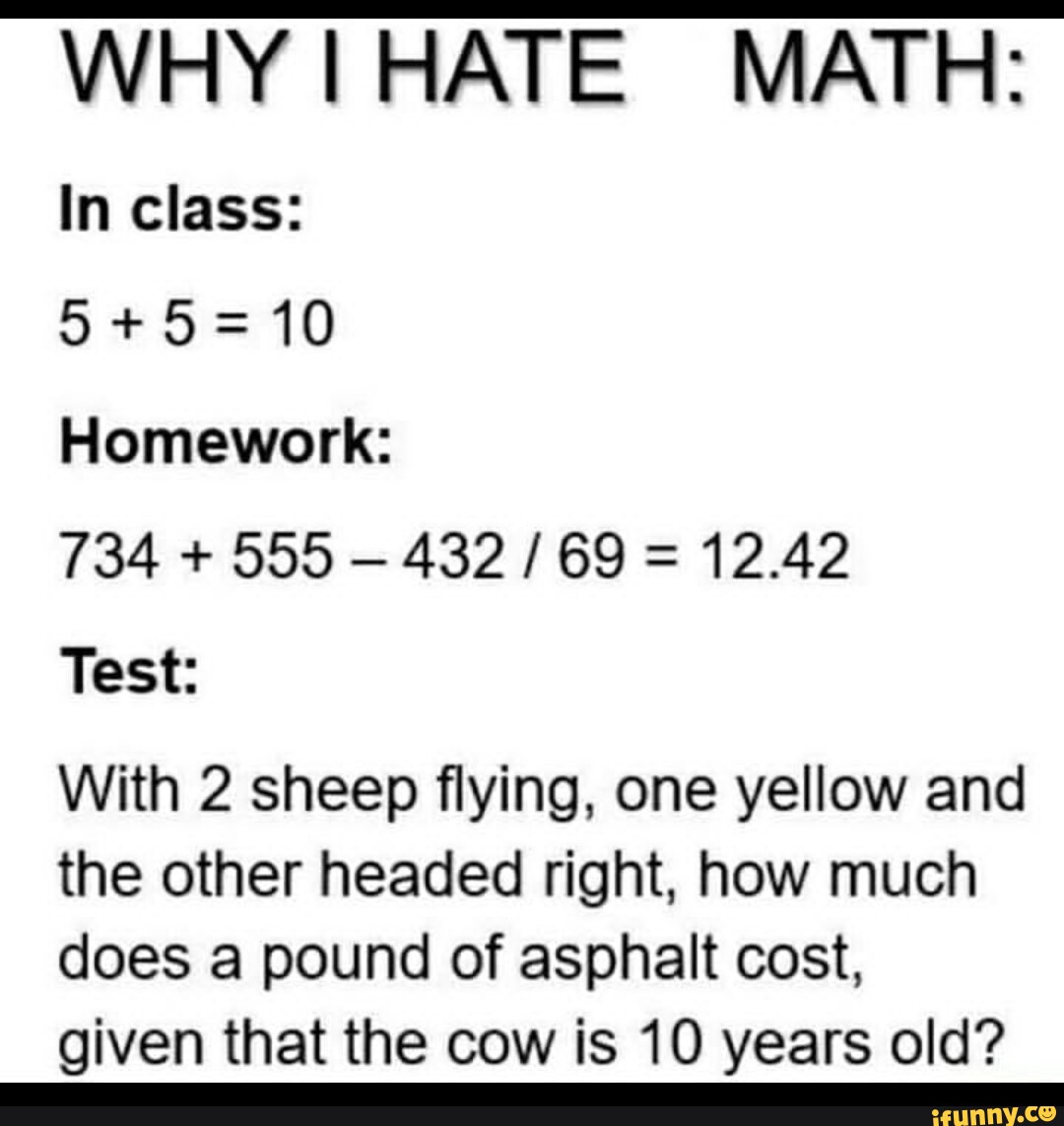 WHY I HATE MATH: In class: 10 Homework: 734 + 555 - 432 / 69 = 12.42 ...