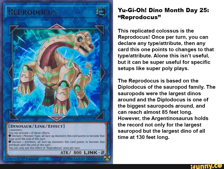 Yu-Gi-Oh! Dino Month Day 25: "Reprodocus" This replicated colossus is ...