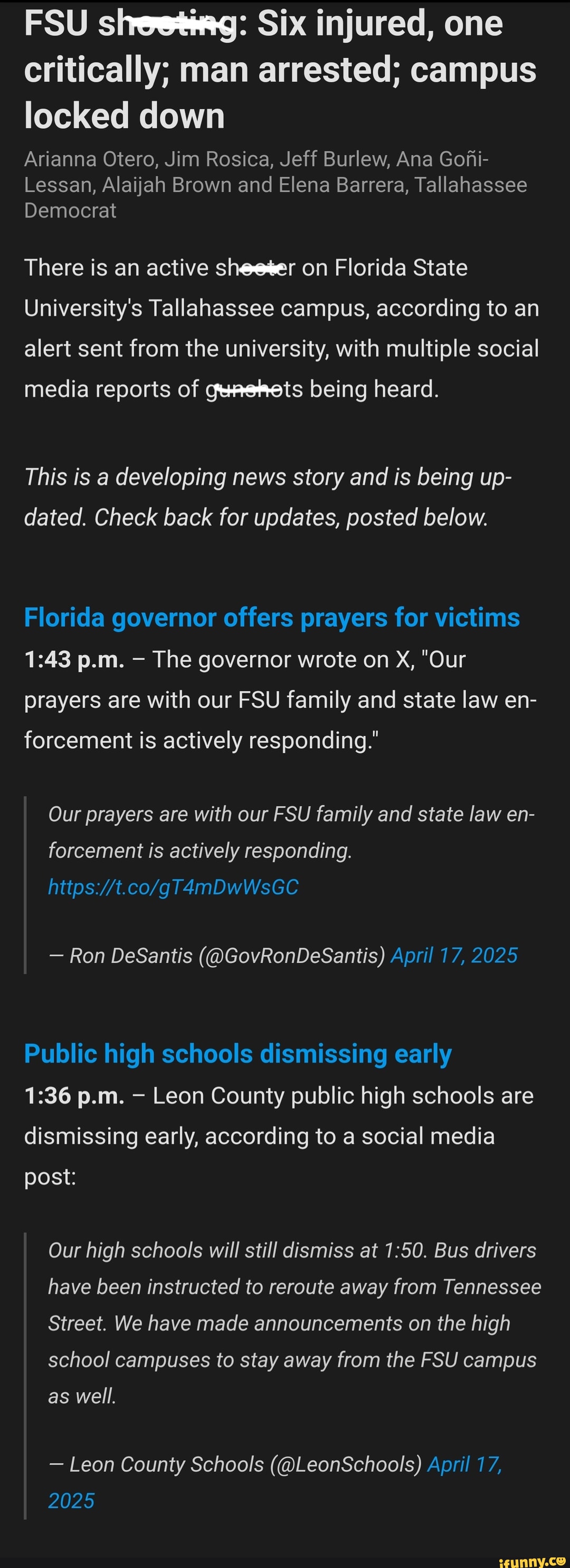 FSU sheetieg: Six injured, one critically; man arrested; campus locked ...