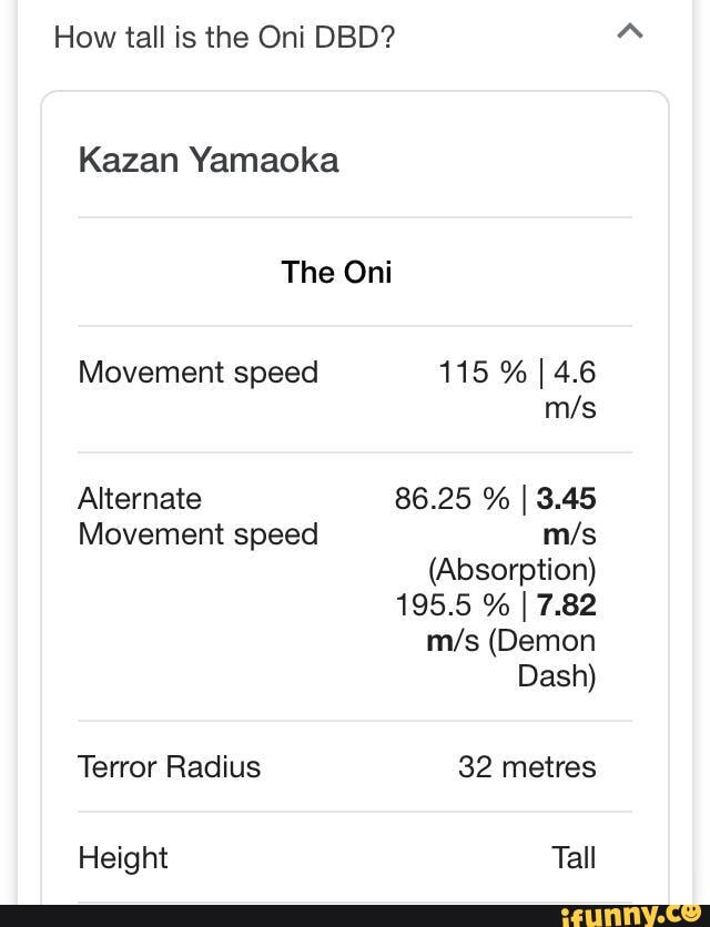 How tall is the Oni DBD? Kazan Yamaoka The Ont Movement speed 115 %I 4. ...