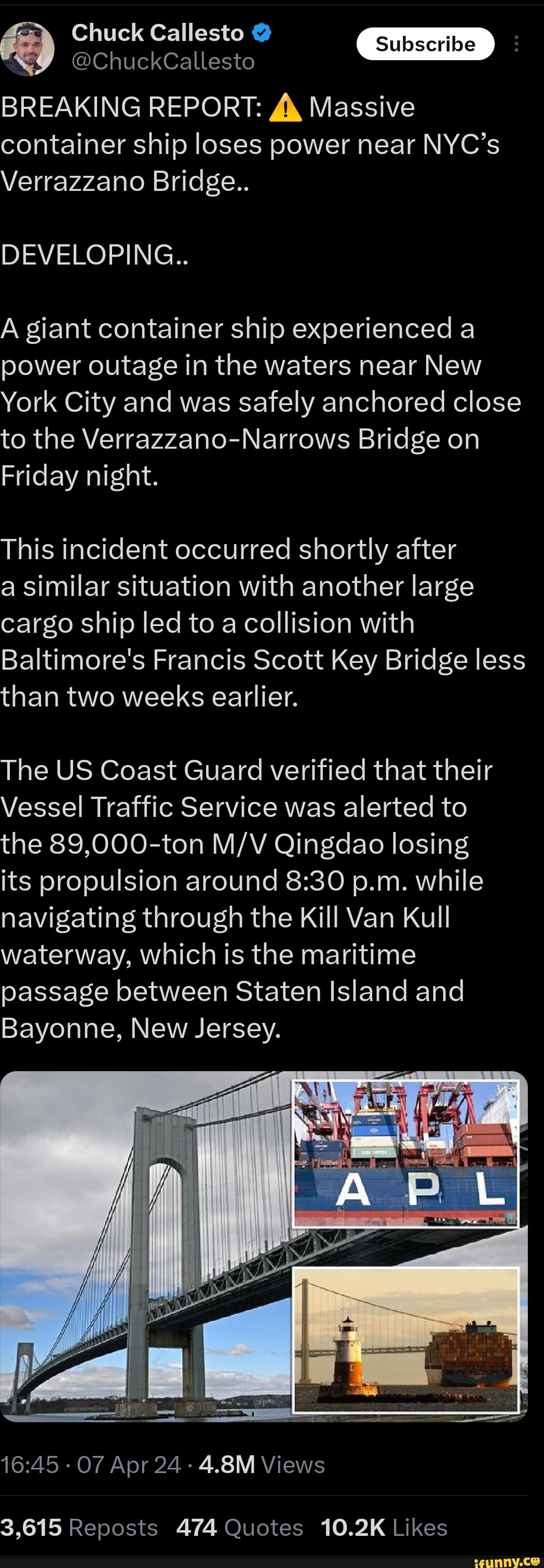 Chuck Callesto @ @ChuckCallesto BREAKING REPORT: Massive container ship ...