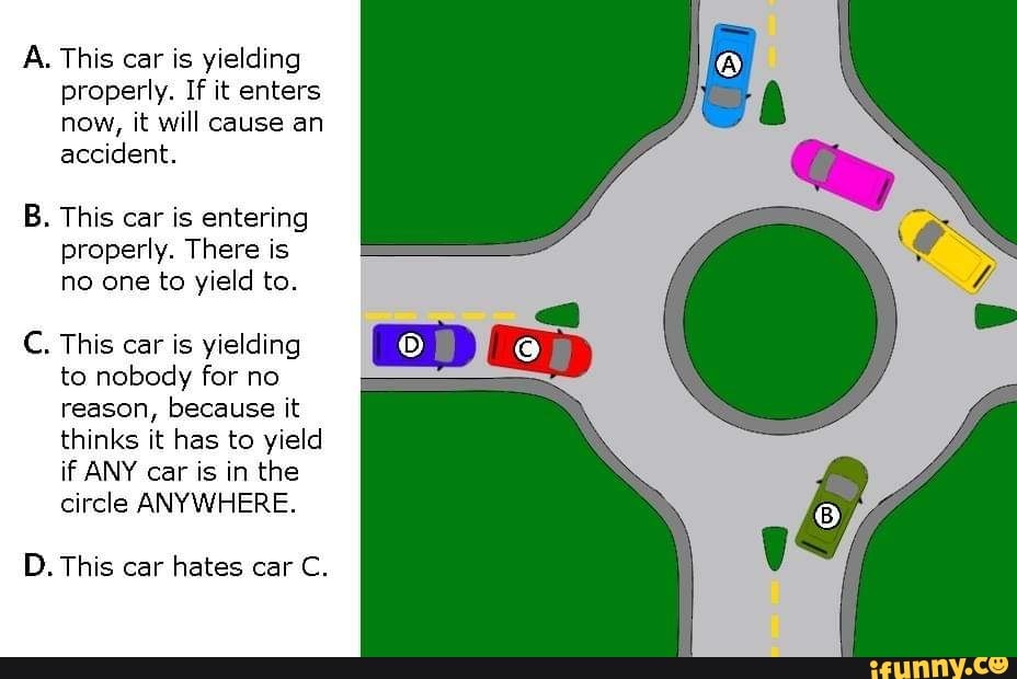 A. This car is yielding properly. If it enters now, it will cause an ...