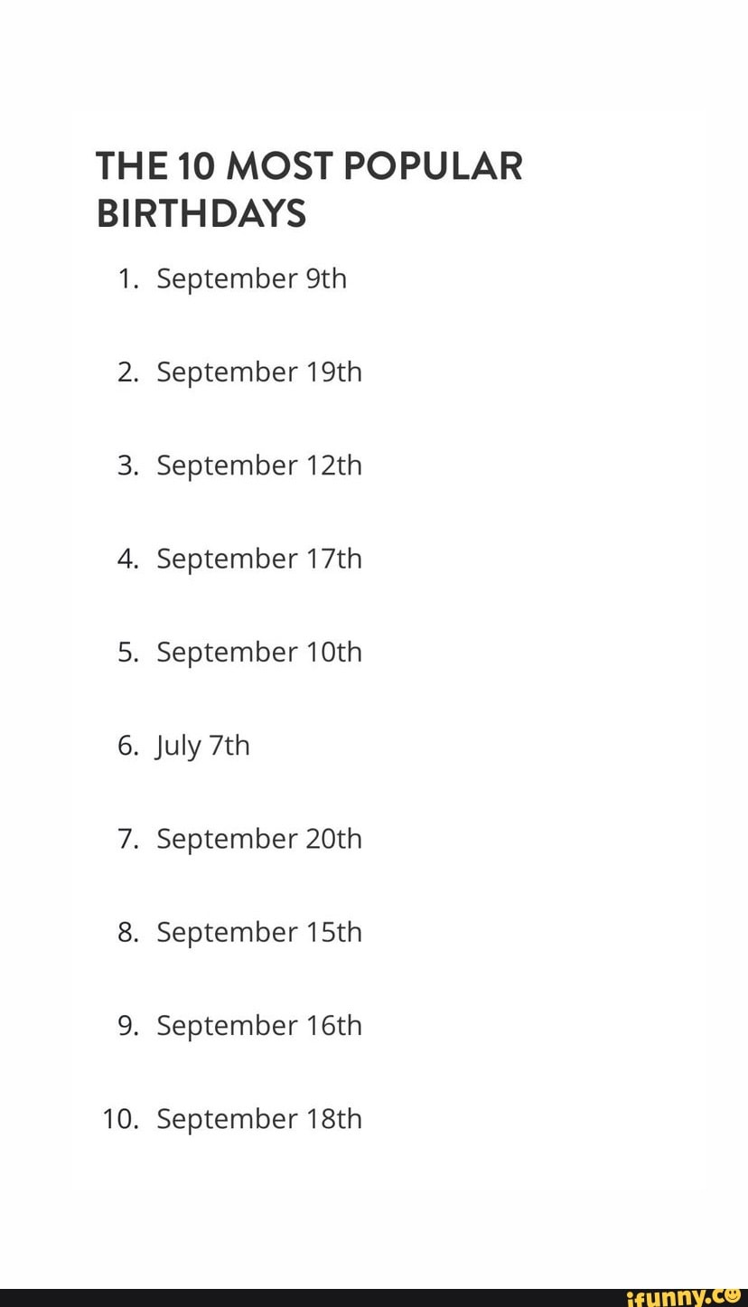 THE 10 MOST POPULAR BIRTHDAYS 1. September Sth 2. September 19th 3 ...