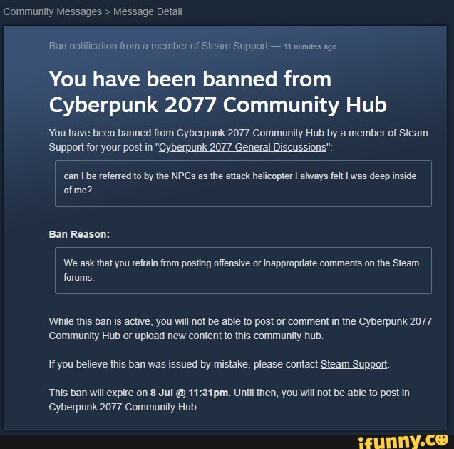 Community Messages > Message Detail Ban notification from a member of ...