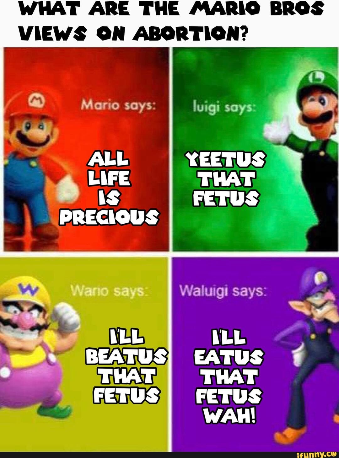 WHAT ARE THE MARIO BROS VIEWS ON ABORTION? Mario says: luigi soys: ALL ...