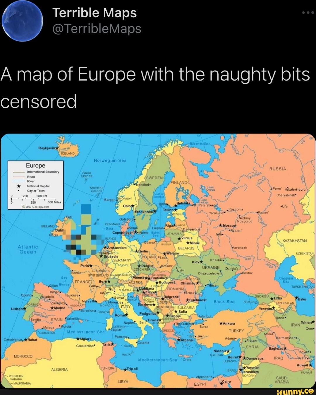 Terrible Maps A map of Europe with the naughty bits censored Europe Lisbon Rabat Dub Pariste ...
