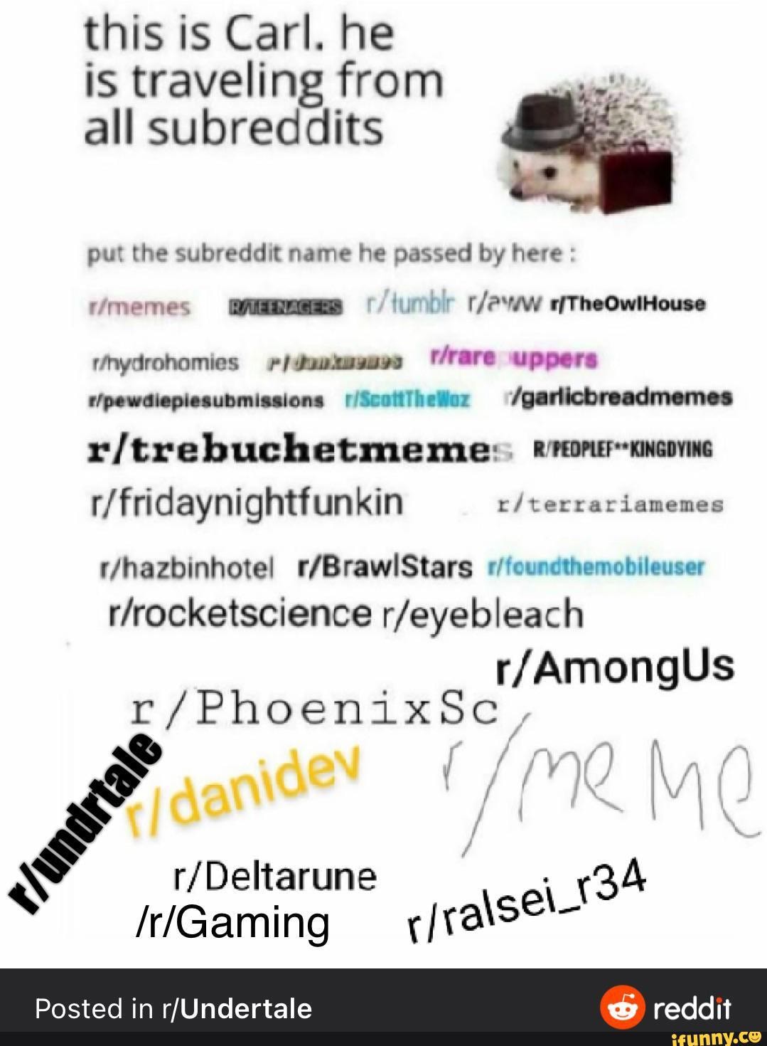 This is Carl. he is traveling from all subreddits put the subreddit name he passed by here ...