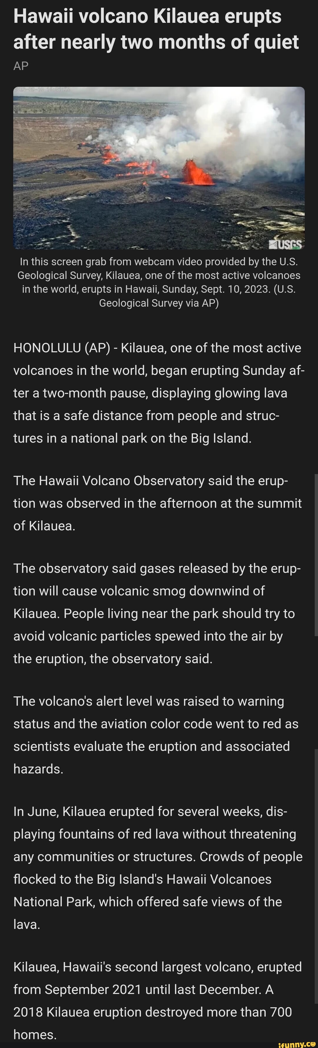 Hawaii volcano Kilauea erupts after nearly two months of quiet AP In ...
