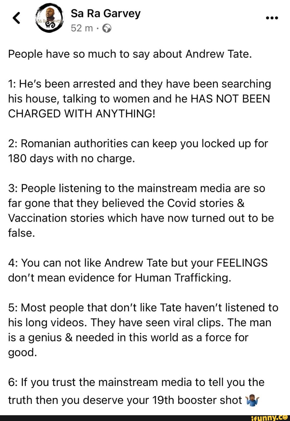 Sa Ra Garvey People have so much to say about Andrew Tate. 1: He's been ...