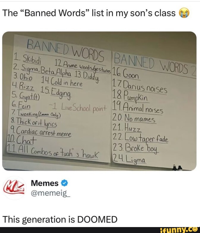 The "Banned Words" list in my son's class BAN y here eSh pal 20 23 Boke ...