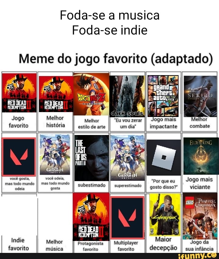 Foda-se a musica Foda-se indie Meme do jogo favorito (adaptado) Jogo ...