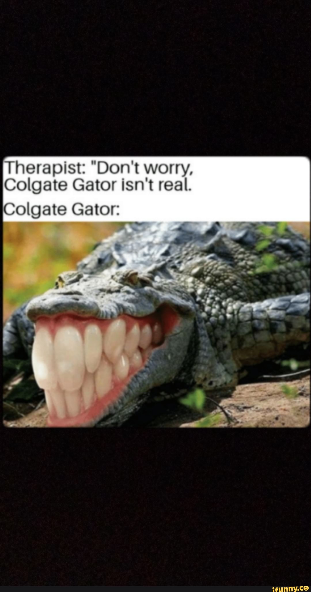 Ihelapist: "Don't worry, Colgate Gator isn't real. (Iolgate Gator: - iFunny