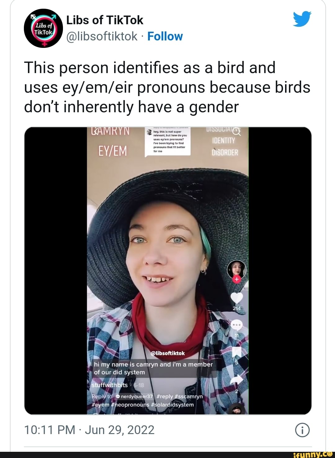 Libs of TikTok @libsoftiktok Follow This person identifies as a bird ...
