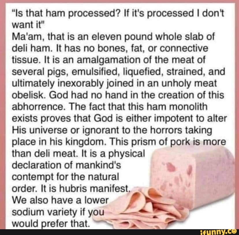 "Is that ham processed? If it's processed I don't want it" Ma'am, that ...