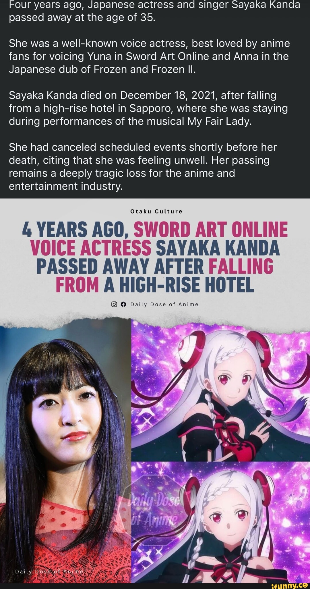 Four years ago, Japanese actress and singer Sayaka Kanda passed away at ...