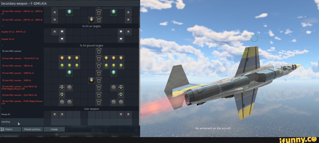 Secondary weapon - F-104S.ASA 20 mm cannon, AIM-9L 1000 tb 20 mm cannon ...