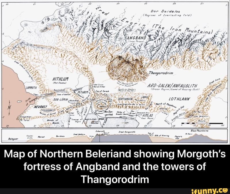 Map of Northern Beleriand showing Morgoth's fortress of Angband and the ...
