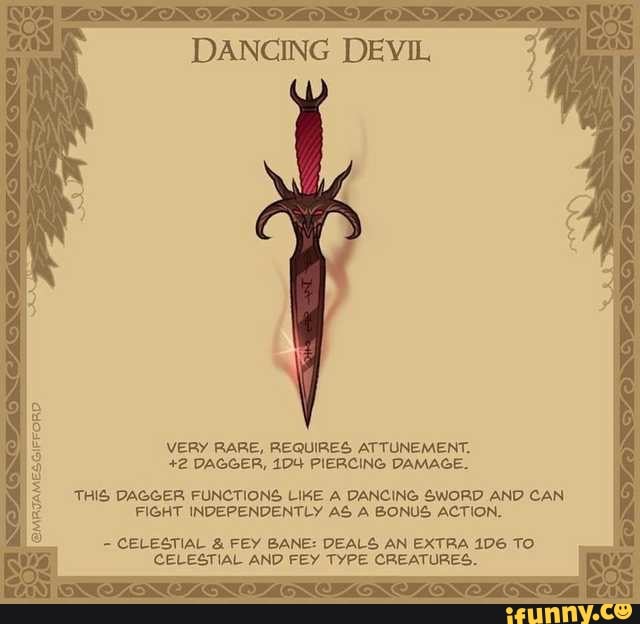 DANCING DEVIL VERY RARE, REQUIRES ATTUNEMENT. +2 DAGGER, 104 PIERCING ...