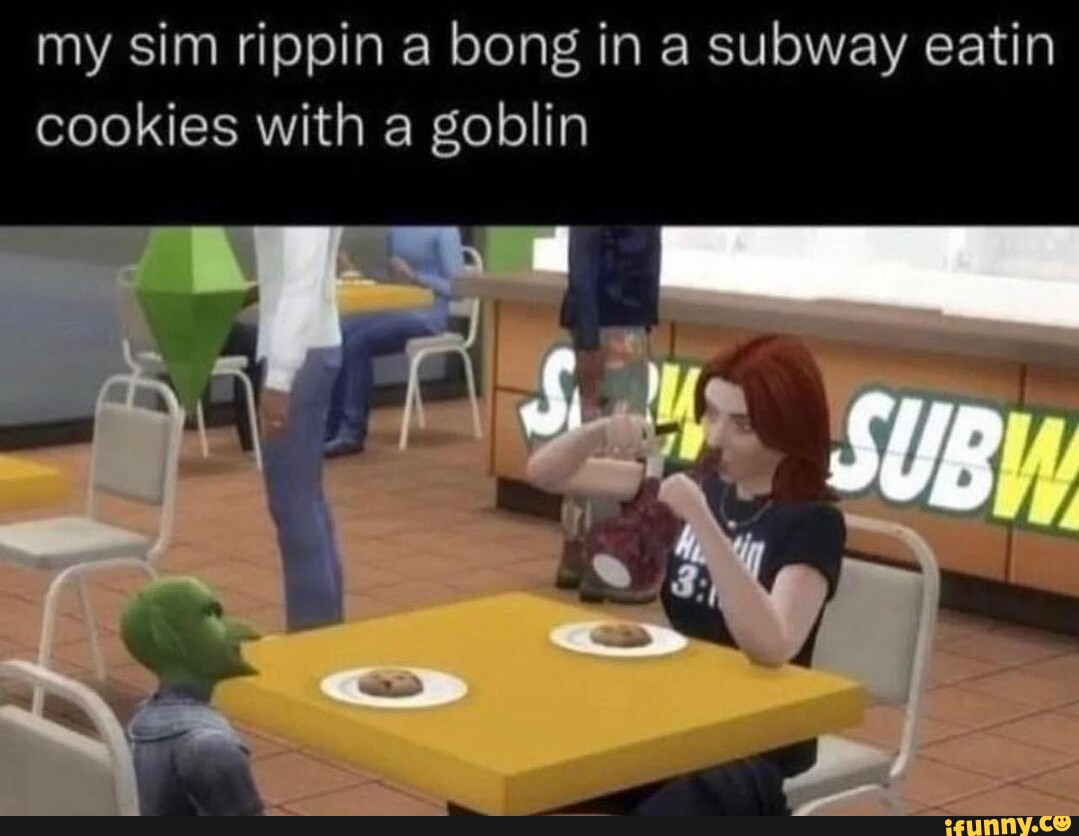My sim rippin a bong in a subway eatin cookies with a goblin I - iFunny
