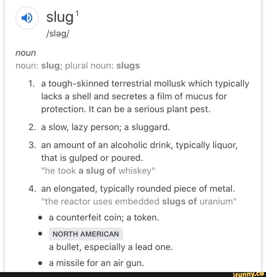 Noun noun: slug; plural noun: slugs 1. a tough-skinned terrestrial ...