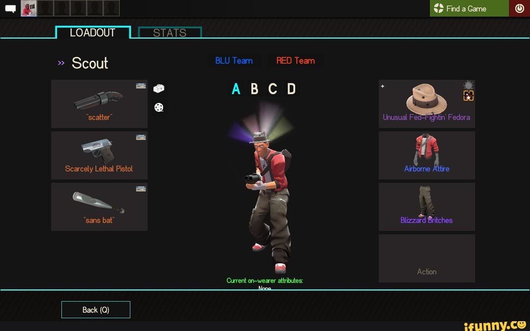 LOADOUT STATS " Scout BLU Team RED Team ABCD * Unusual Fed-Frightin ...