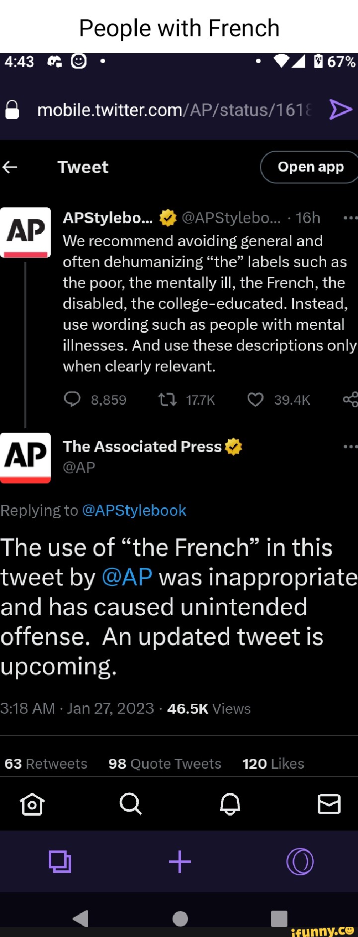 People with French 167% mobile. > Tweet ( Open app APStylebo ...