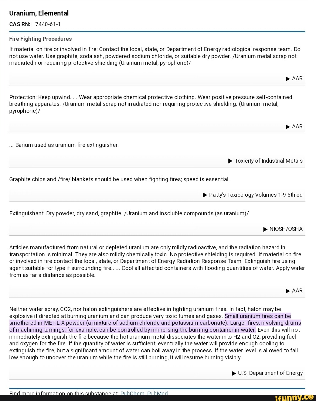 Uranium, Elemental CASRN: 7440-61-1 Fire Fighting Procedures If ...