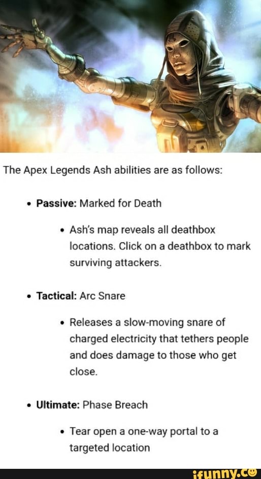 The Apex Legends Ash abilities are as follows: Passive: Marked for ...