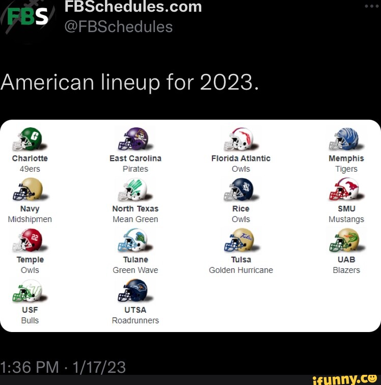 American lineup for 2023. Charlotte 4gers Navy Midshipmen Temple Owls ...