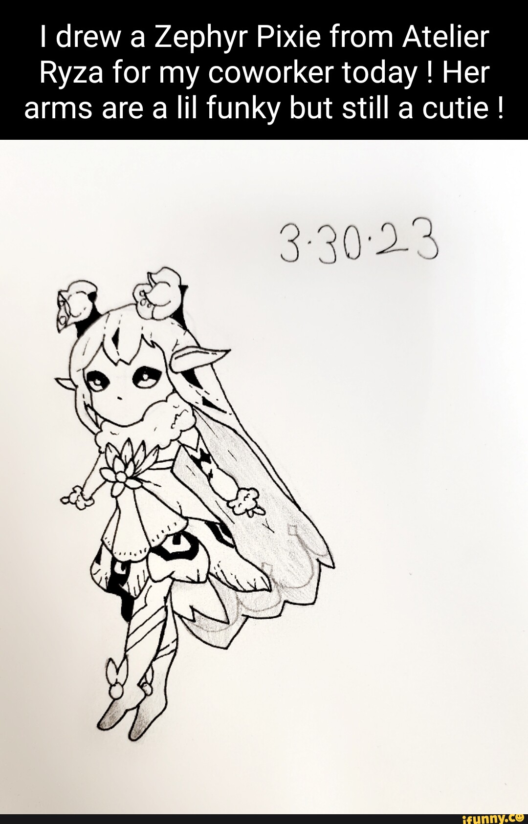 I drew a Zephyr Pixie from Atelier Ryza for my coworker today ! Her ...
