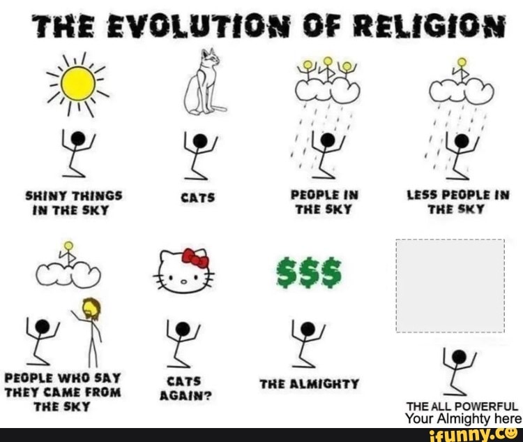 THE EVOLUTION OF RELIGION ay & SHINY THINGS caTs PEOPLE IN IN THE SKY ...
