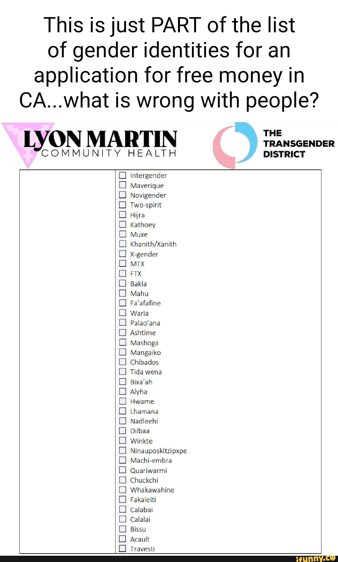 This is just PART of the list of gender identities for an application ...
